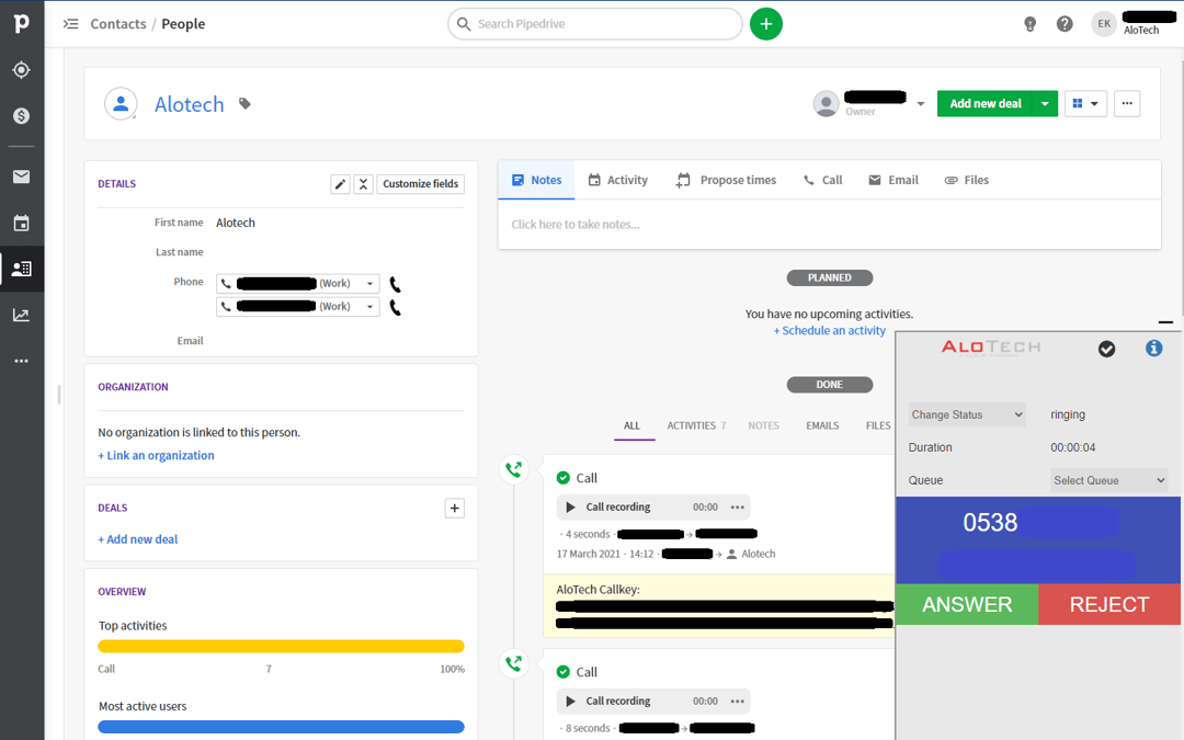 AloTech App Integration - Pipedrive Marketplace