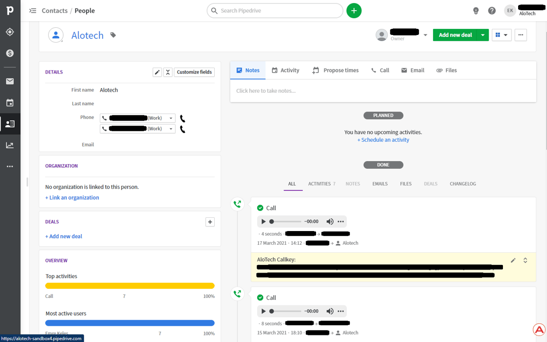 AloTech App Integration - Pipedrive Marketplace